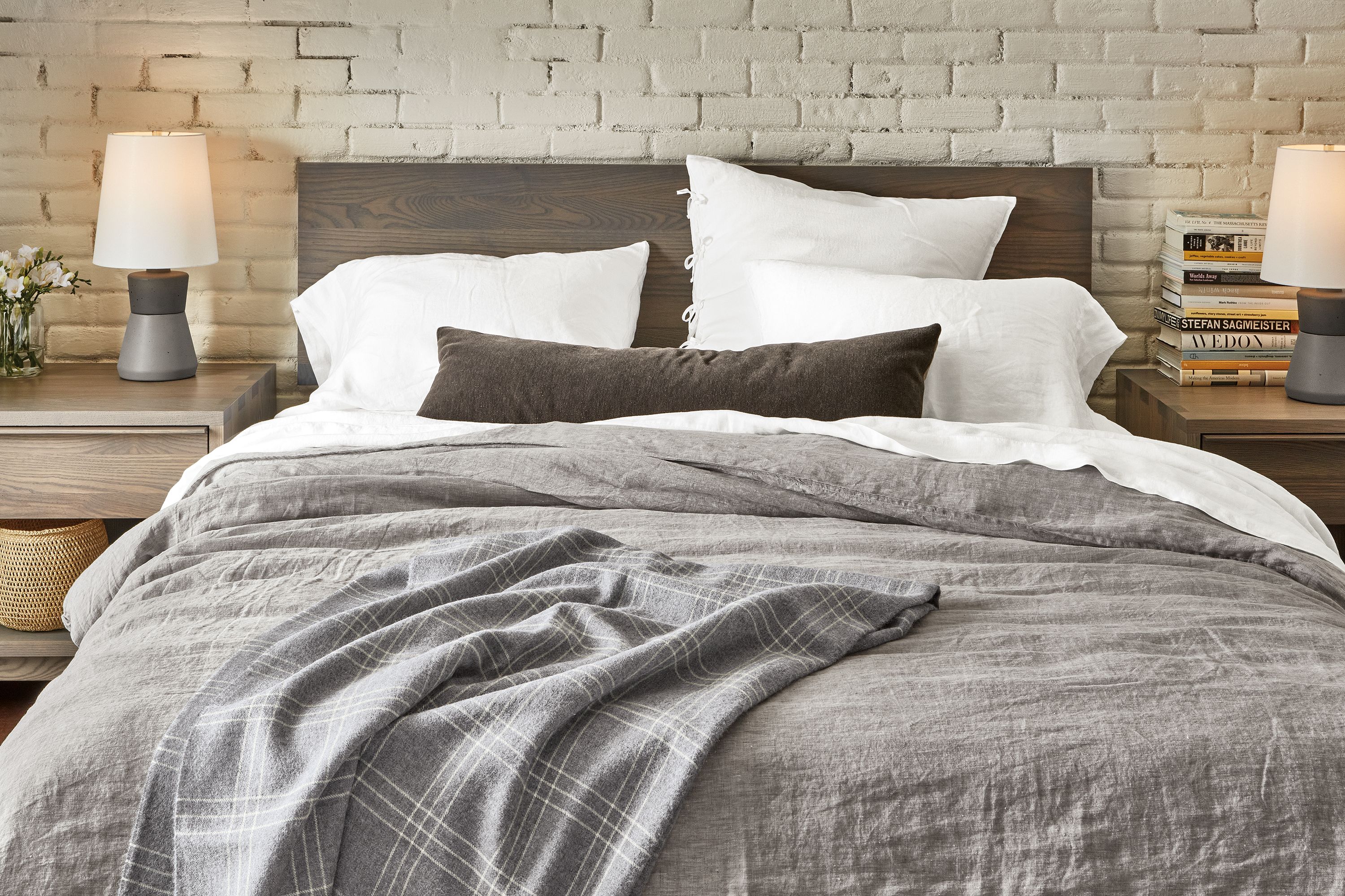 Grey linen bed store